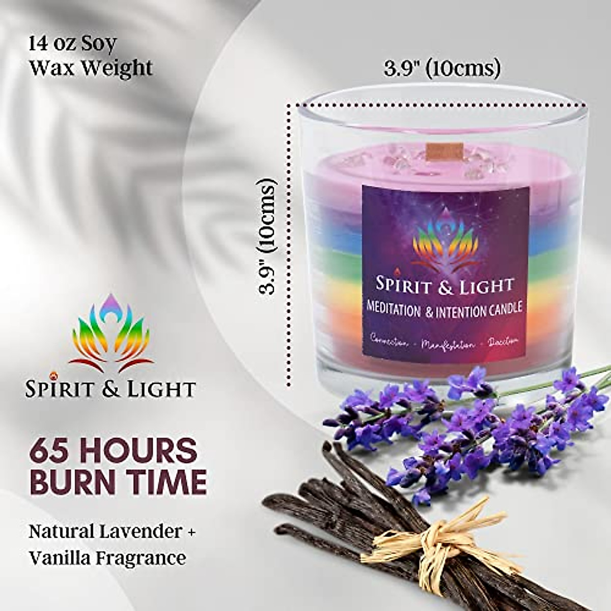 Spirtual and Healing Soy Wax Chakra Candle with Crystal Inside - Crystals Candle with Chakra Stones in a Bag - Yoga Candle for Meditation - Vanilla Scent Rainbow Candle (14 Oz)