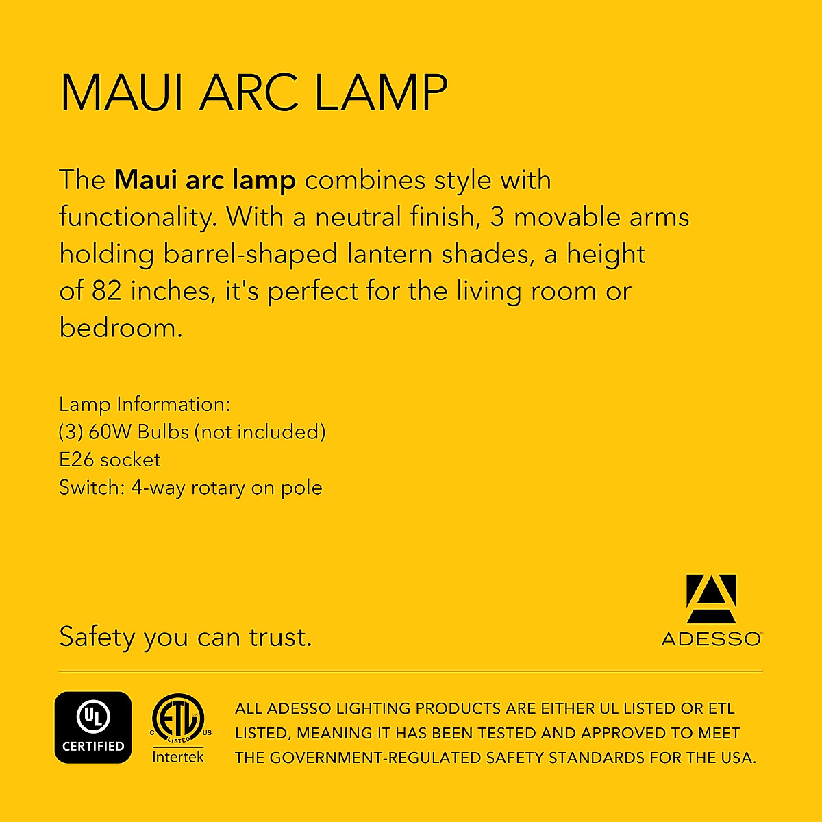 Adesso 4026-26 Maui Arc Lamp, 82 in, 3x60W Incandescent,13 CFL, Antique Bronze, 1 Floor Lamp