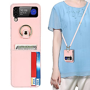SailorTech Wallet Case for Samsung Galaxy Z Flip 4 5G 2022 Crossbody Lanyard Cases with Ring 4 Card Slots Lanyard, Ultra Slim PU Leather Back Cover Phone Cases for Women Pink