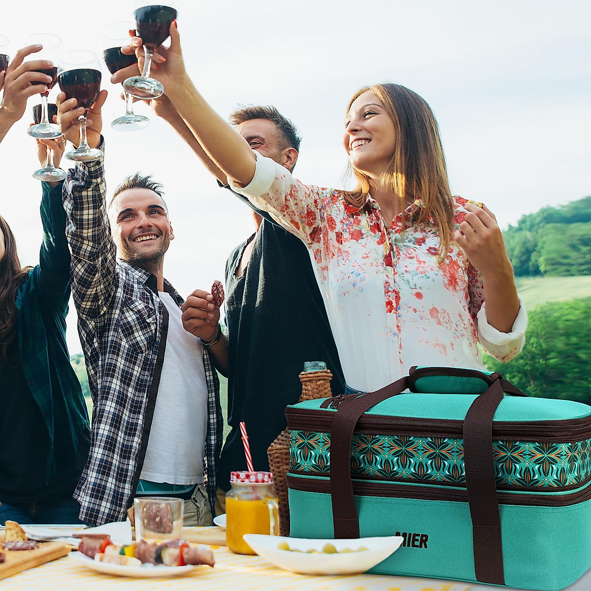 MIER Insulated Double Casserole Carrier Bag Thermal Lunch Tote for Lasagna Lugger, Potluck Parties, Picnic, Beach, Fits 9 x 13 Inches Baking Dish, Casserole Dish, Expandable by Mid Zipper, Teal