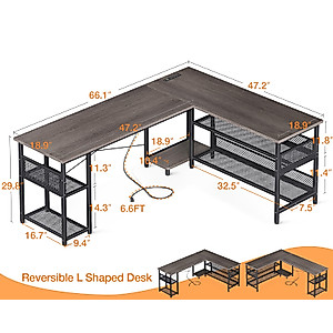 ODK 66" L Shaped Desk with Power Outlet and USB Charging Ports, Reversible L Shaped Computer Desk with Storage Shelves, Home Office Desk, Gaming Desk, Corner Desk, Grey Oak