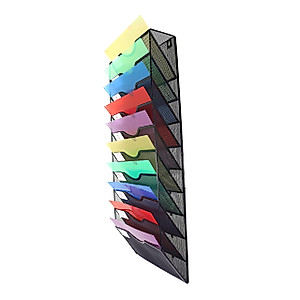 Orangepatrick 10 Tier Wall Mounted Hanging File Organizer Rack - Black Mesh Office or Classroom Holder Sorter for Documents, Magazines, Folders & More - Complete with File Folders and Label Stickers