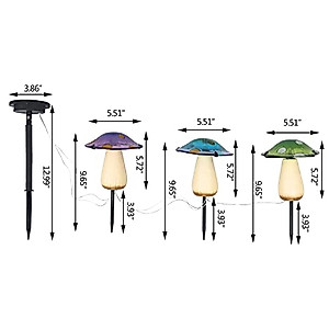 Adeco Solar Garden Lights Outdoor Set of 3 Mini Mushroom Solar String Lights Thickened Glass Solar Powered Stake Lights Waterproof Decoration Lights for Garden, Backyard, Lawn, Pathway, Party