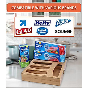 Bamboo Ziploc Bag Organizer - 5 Slots Wall Mount Zip Lock Baggie Storage Organizer for Drawer Kitchen - Compatible With Ziploc | Solimo | Glad | Hefty For Gallon | Quart | Sandwich | Snack Size Bags