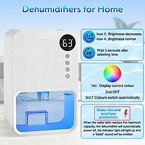 Ssoiew 128 OZ Dehumidifier for Bedroom, 592 Sq.ft Semiconductor Silent Dehumidifier with 7-Color Light, Timer, Sleep Mode, Auto-Shutoff, Small Dehumidifier for Bathroom, Basement, Closet, RV, white