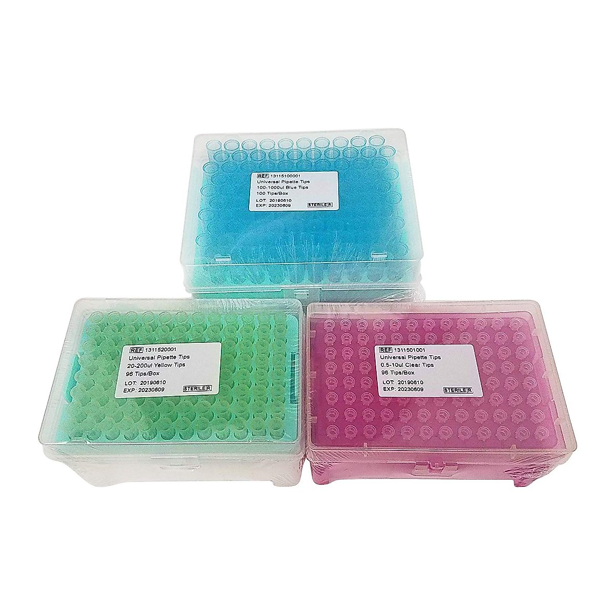 Set of 3 Variable Volume Single Channel Pipettes, Adjustable Pipettors, 0.5-10 µl, 10-100 µl, 100-1000 µl with 3 boxes of sterile pipette tips