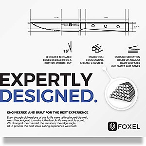 FOXEL Best Serrated Steak Knives Knife Set of 4, 8, or 12 Piece w/Covers - Heavy Duty Restaurant Quality - German Stainless Steel 1.4116 Blade - Natural Sandal Wood Full Tang Handle - Hand Wash Only