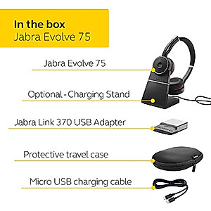 Jabra Evolve 75 MS Wireless Headset, Stereo – Includes Link 370 USB Adapter – Bluetooth Headset with World-Class Speakers, Active Noise-Cancelling Microphone, All Day Battery