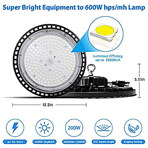 KIWIVIC 2Pack 200W LED High Bay Light - 28,000lm(140LM/W), 5000K Daylight[600W MH/HPS Equiv.] with US Plug 5ft Cable LED Shop Lights