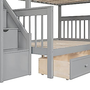 BOVZA Twin Over Full L-Shaped Bunk Bed Corner Loft Bunk Beds with Storage Drawers, Angled Ladder and Stairs, Wood Triple Bunk Bed for 3 Kids Teens Adults, Gray