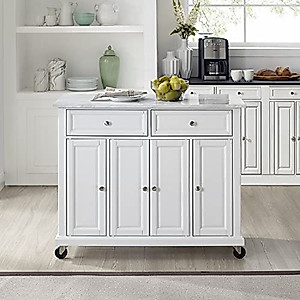 Crosley Furniture Avery Rolling Kitchen Island Storage Cart with Shelves, Microwave Stand, Coffee Bar, Distressed White