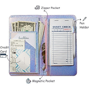 Zreal Server Book for Waitress with Zipper Pocket, 5 X 9 Serving Book, Magnetic Closure Pocket with Big Volume, Pen Holder for Waiter Server Wallet Fit Waitress Apron (Iridescent B)