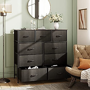 WLIVE 9-Drawer Dresser, Fabric Storage Tower for Bedroom, Hallway, Nursery, Closets, Tall Chest Organizer Unit with Textured Print Fabric Bins, Steel Frame, Wood Top, Easy Pull Handle, Charcoal Black