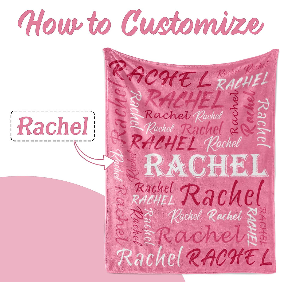 Personalized Name Throw Blanket, Custom Pink Theme Light Soft Flannel Fleece Throw Blanket with Name for Men Women Boys Girls Kids, Customized Name Gifts for Birthday Christmas Valentines Day