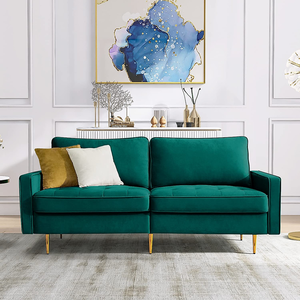 Danxee Velvet Fabric Sofa Couch 71" Wide Mid Century Modern Tufted Fabric Sofa Living Room Sofa 700lb Heavy Duty with 2 Pillows (Emerald)