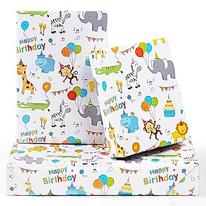 Birthday Wrapping Paper For Kids Baby Girls Boys, 6 Sheets Monkey Lion Elephant Giraffe Alligator Zebra Animals Party Design 20 x 28 inch Gift Paper for Birthday Baby Shower Kindergarten Newborn