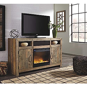 Signature Design by Ashley Sommerford Rustic Solid Pine Wood TV Stand Fits TVs up to 60", 2 Cabinets, 3 Storage Cubbies, 2 Adjustable Shelves, Brown