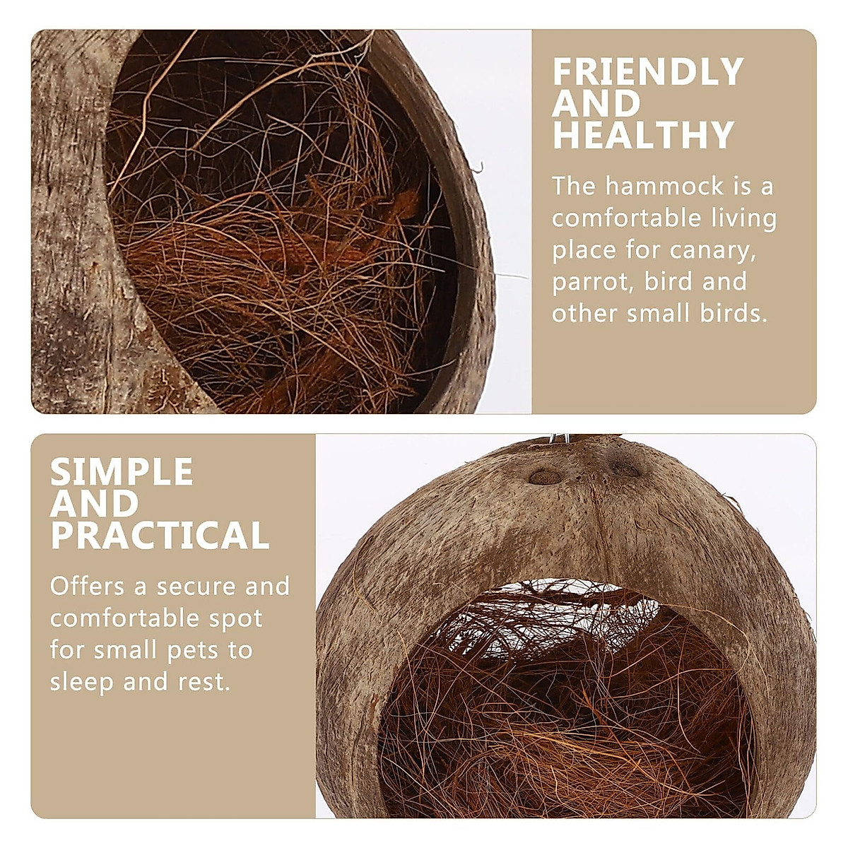 POPETPOP Coconut Bird Nest Natural Coconut Shell Hideaway Hanging Bird House Parrots Hide Hut Habitats Cage Accessory for Pet Budgies Parakeet Lovebird Finch Canary