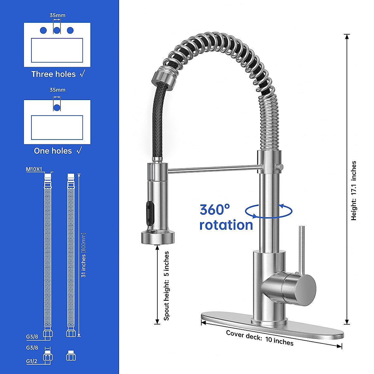 IBOFYY Brushed Nickel Kitchen Faucets Single Handle Commercial Kitchen Sink Faucet with Multifunctional Pull-Down Spout for Farmhouse RV Bar with 3 Hole Deck (Brushed Nickel)