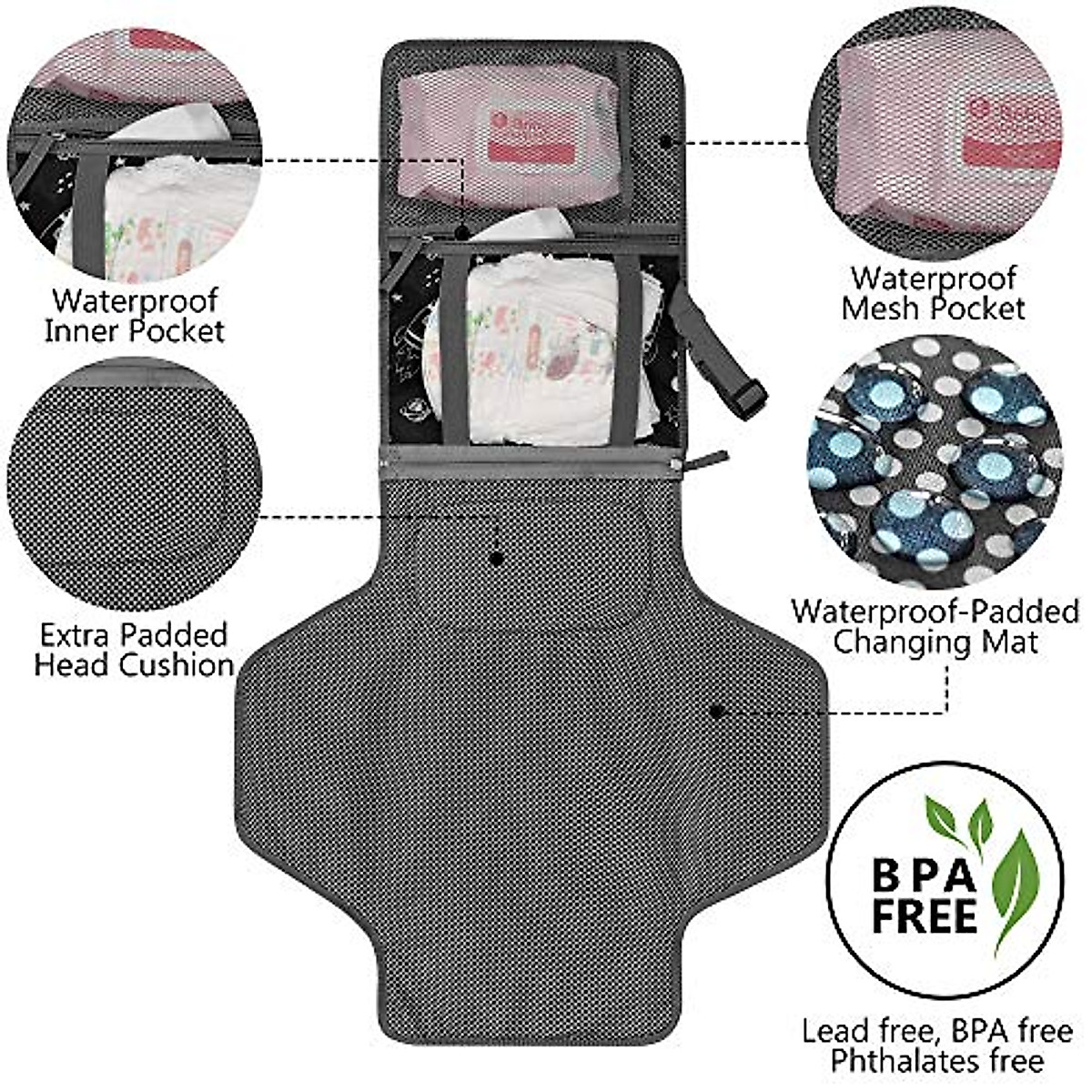 TILLYOU Portable Changing Pad, Baby Travel Changing Pad for Diaper Bag, Diaper Changing Mat with Foam Head Pillow and Extra Pockets, Baby Stuff for Newborn, Baby Shower Gifts (Star Rocket)