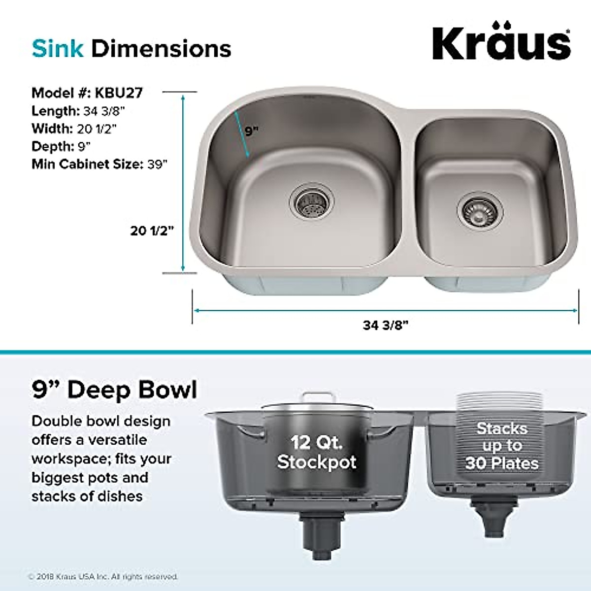 Kraus KBU27 35 inch Undermount 60/40 Double Bowl 16 gauge Stainless Steel Kitchen Sink