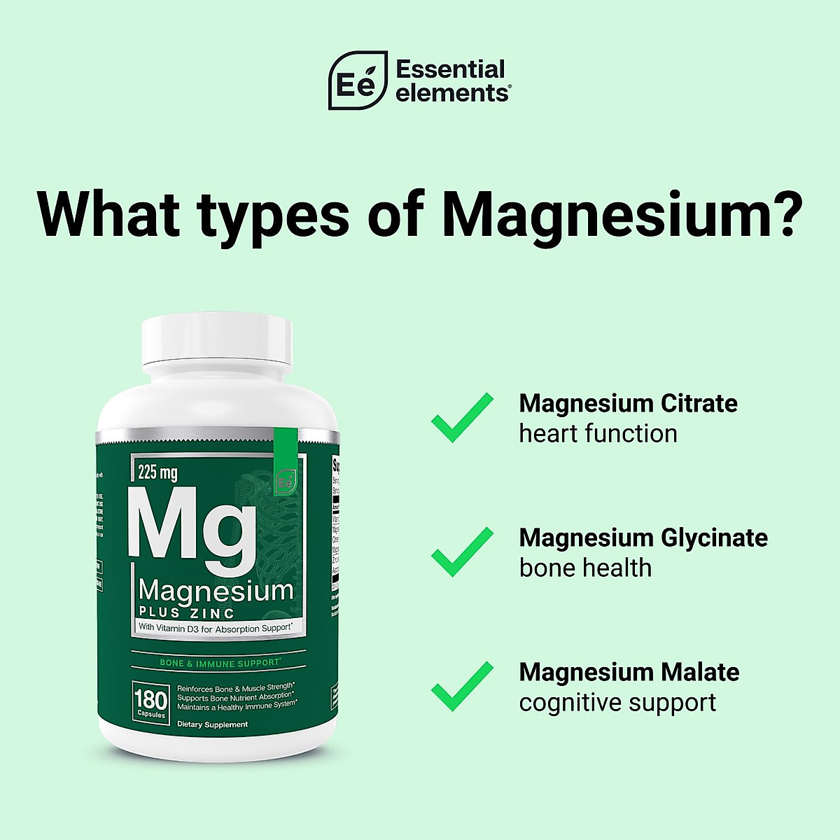 Essential Elements Magnesium & Zinc with Vitamin D3 for Sleep Immune & Bone Support - Magnesium Glycinate, Malate, Citrate 225mg - Triple Magnesium Supplement for Women and Men - 6 Month Supply