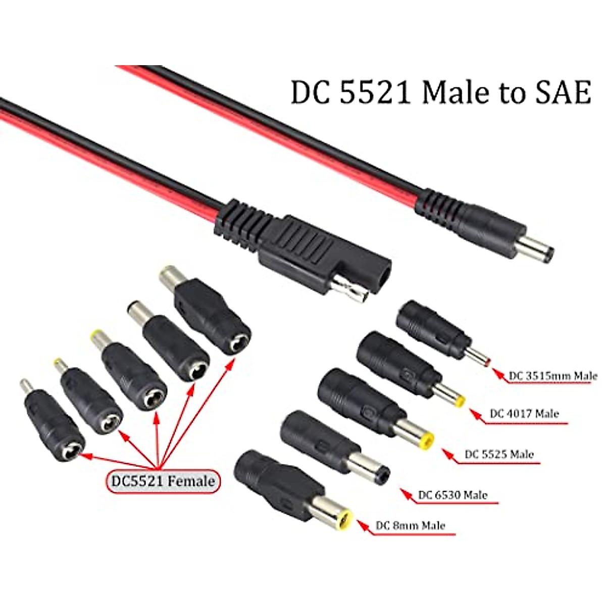HCFeng 2Pack SAE to DC Adapter Cable SAE Plug to DC 5.5mmx2.1mm Male Connector Cables with SAE Polarity Reverse Adapter & DC8/6.5/5.5/4.0/3.5(mm) Adapters for Solar Battery Panel (14AWG 2ft/60cm)