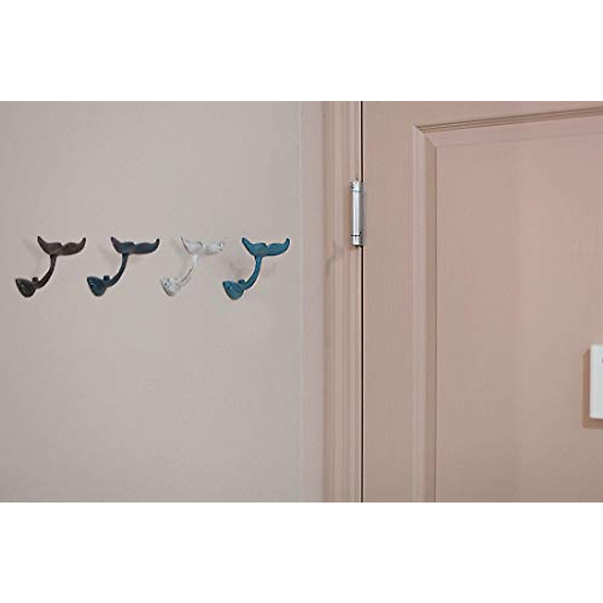 Zeckos Set of 4 Colorful Cast Iron Whale Tail Wall Hooks Decorative Coastal Metal Hangers