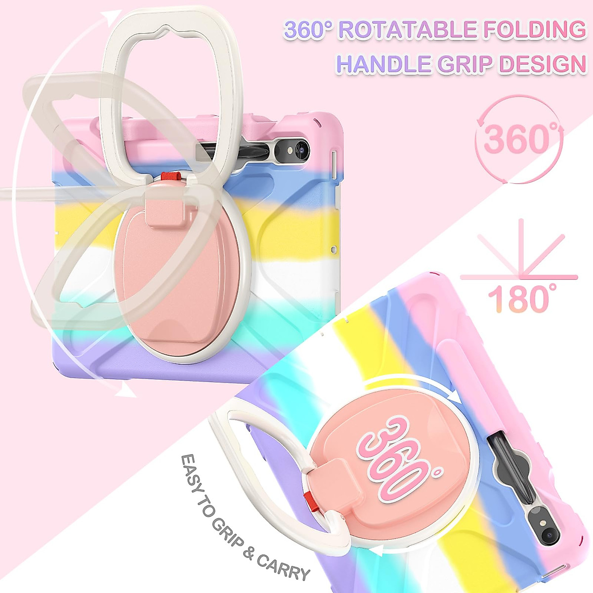 BATYUE Case for Samsung Galaxy Tab S9 FE 10.9" inch 2023, for Galaxy Tab S9 11" inch 2023, for Galaxy Tab S8/S7 Case with S Pen Holder/Rotating Stand/Shoulder Strap, Colourful Pink