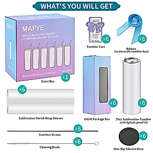 MAFYE Sublimation Tumblers, 6pack 20 oz Skinny Straight Tumbler with Straw Lids, Sublimation Shrink Wrap & Tumbler Cards Sublimation Blanks Product Stainless Steel Tumbler for Mug Press, Present Box