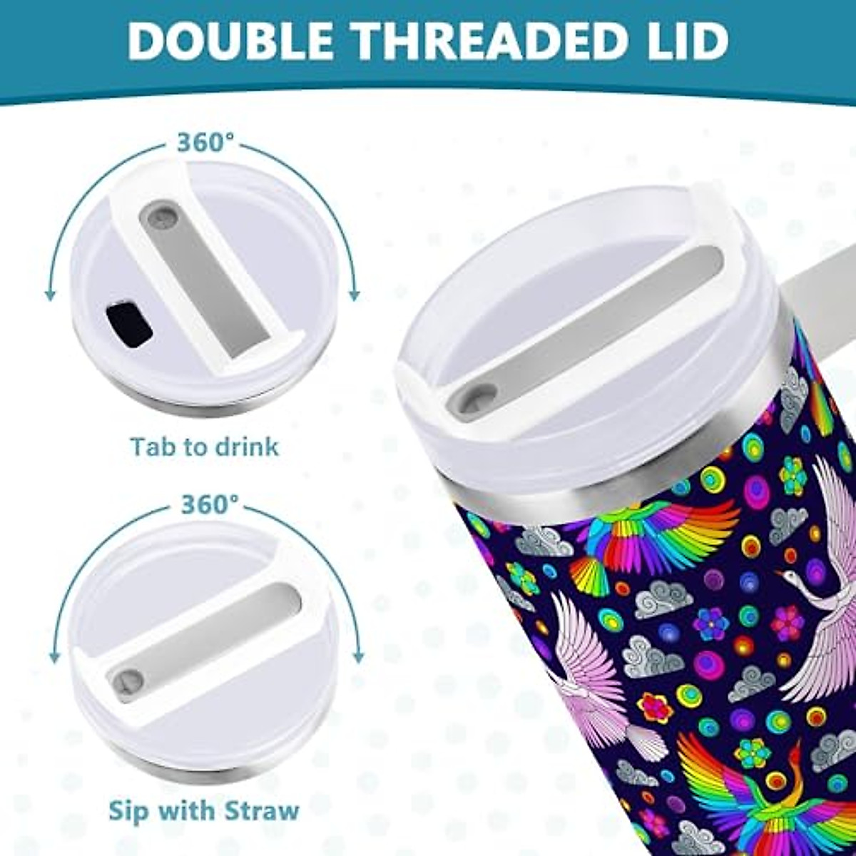 Emelivor Colorful Birds Cloud 40 oz Tumbler with Lid and Straw Insulated Tumblers with Handle Large Travel Coffee Mug Stainless Water Cup Fits in Car Cup Holder