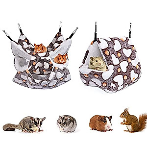 Petmolico 3 Pieces Ferret Cage Hammock Set - Triple Layer Plush Rat Hammock and Hanging Tent Bed and Warm Bed Mat for Sugar Glider, Rat, Ferret, Chincilla, Hamster, Guinea Pig, Coffee Hearts