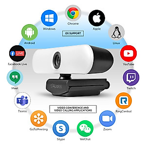 Aluratek 4K HD Ring Light Webcam with Dual Stereo Noise Cancelling Mics, Adjustable Light, Auto Focus, Built-in Tripod Mount, Universally Compatible