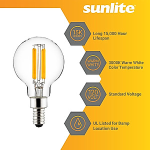 Sunlite 41547-SU LED G16.5 G16 1/2 Filament Style Globe Light Bulb, 5 Watts (60W Equivalent), 500 lumens, Dimmable, Candelabra Base (E12), UL Listed, 3000K Warm White, 6 Count