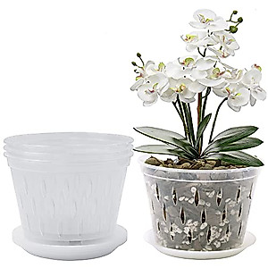 lanccona Orchid Pot, 8 Inch 4 Pack Orchid Pots with Holes and Saucers, Clear Plastic Orchid Pots