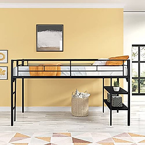 Epinki Low Loft Bed with Storage Shelves, Black, Steel, Bed Frame, Kids Bed, Easy Assembly