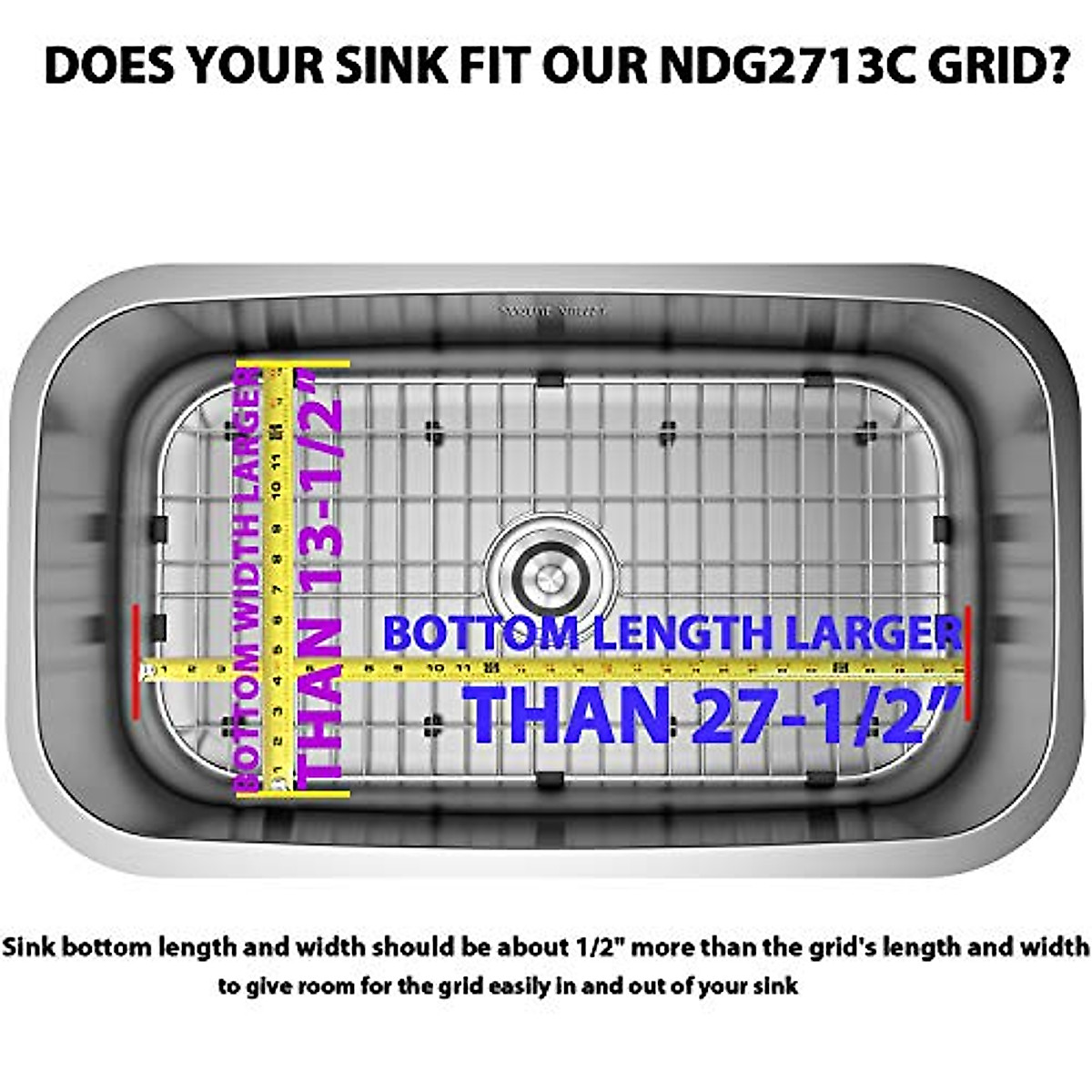 Serene Valley Sink Bottom Grid 27-1/2" x 13-1/2", Centered Drain with Corner Radius 1-1/2", Sink Grids Stainless Steel NDG2713C