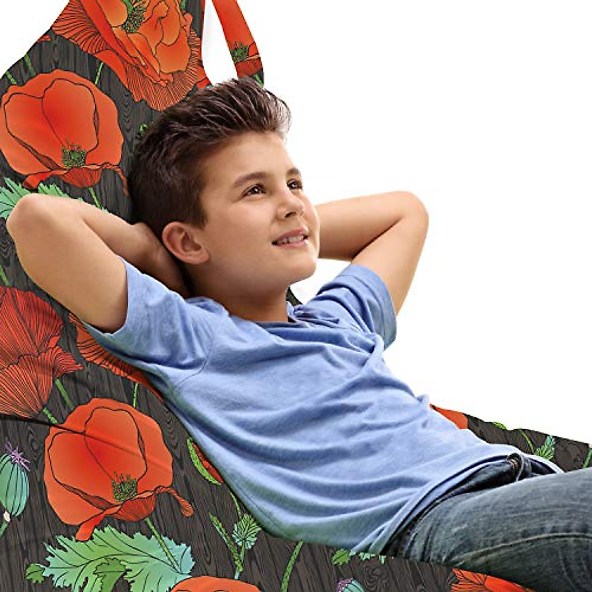Lunarable Floral Lounger Chair Bag, Drawing Poppy Flower Wooden Background Repeating Pattern, High Capacity Storage with Handle Container, Lounger Size, Vermilion Pale Eggplant