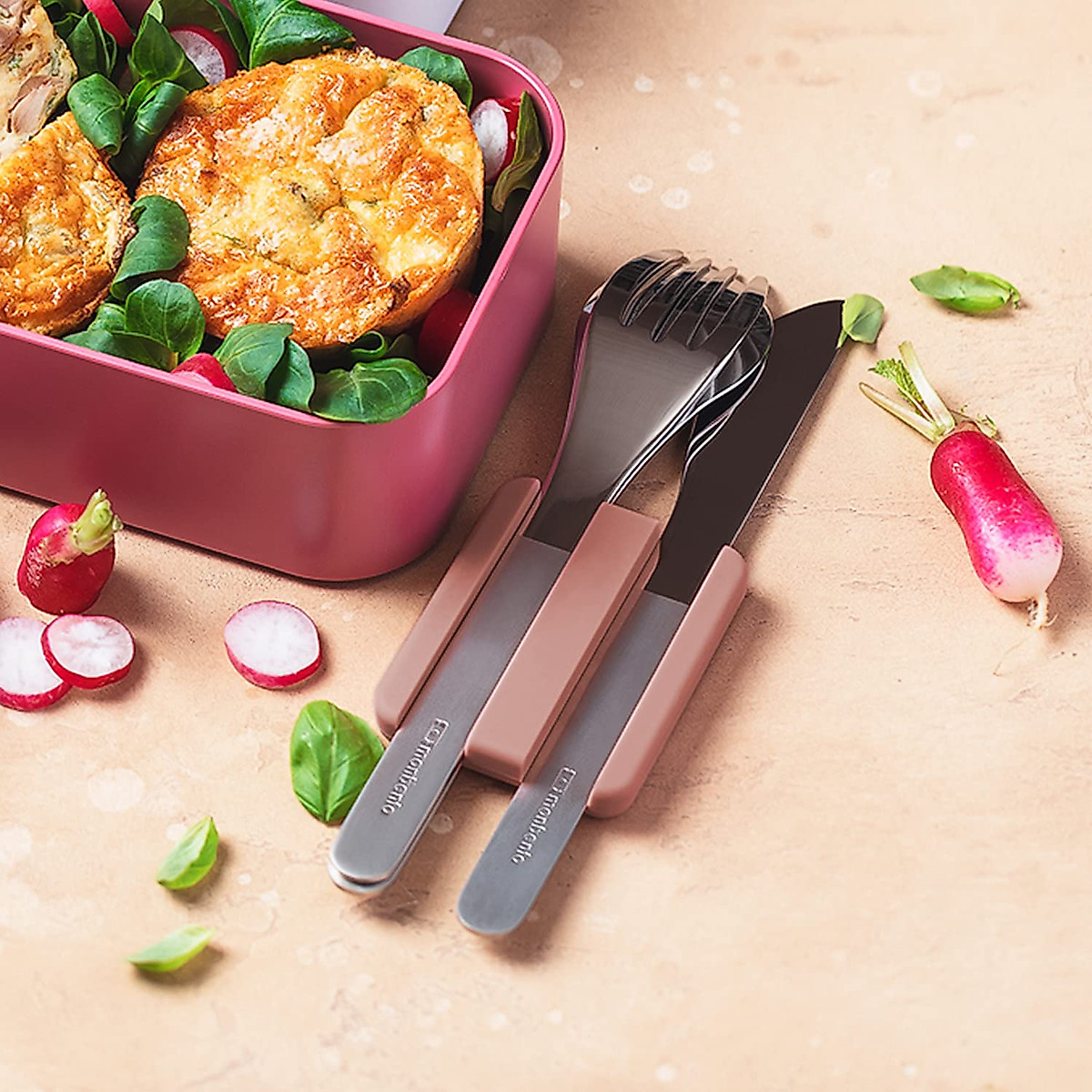 monbento - MB Slim Box pink Moka Cutlery Set for Bento box - Trio Knife - 3 Pieces Fork Spoon Knife - Perfect for Outdoor/Work Lunch