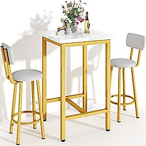 Recaceik Dining Table Set, 23.6” Square Pub Bistro Dining Set Small Kitchen Table Set Bar Table with Backrest Stools, Breakfast Table Set with Metal Frame for Dining Room w/ 2 Chairs - Gold