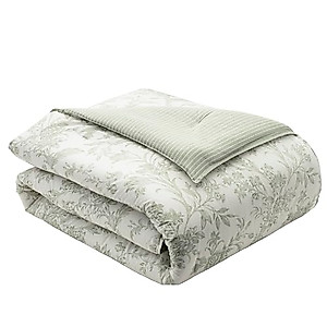 Laura Ashley Home - Queen Duvet Cover Set, Reversible Cotton Bedding, Includes Matching Shams with Bonus Euro Shams & Throw Pillows (Natalie Green, Queen)