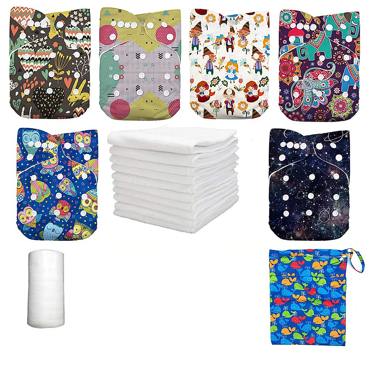 DoDo Bear Cloth Diapers One Size Adjustable Washable Reusable for Baby Girls Boys 6 Pack + 6 Insert and Wet Diaper Bags(Color11)