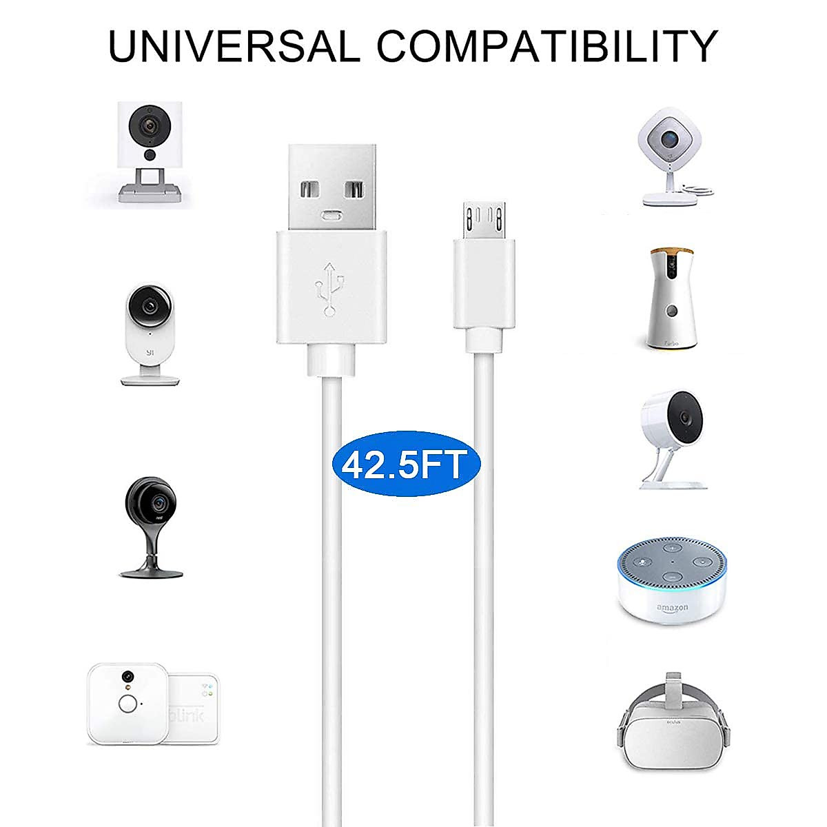 MOYEEL 43FT Power Extension Cable for Wyze Cam/Wyze Cam Pan, Blink Mini/Blink XT Cam, Yi Camera and Quick Charge Power for Home Security Camera