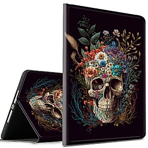 Case for iPad Pro 11 inch 4th/3rd/2nd Generation (2022/2021/2020) Slim PU Leather Multi-Angle Smart Folio Stand Cover with Auto Wake Sleep, Flower Skull Aesthetic