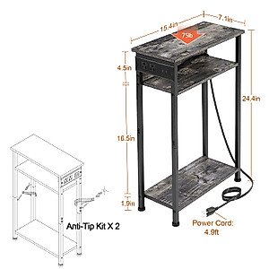AMHANCIBLE Narrow Side Table Set of 2 with Charging Station, Small End Tables for Small Spaces, 3-Tier Skinny Side Table, Narrow End Table with USB Ports, Narrow Nightstand Set 2, HETN03KG