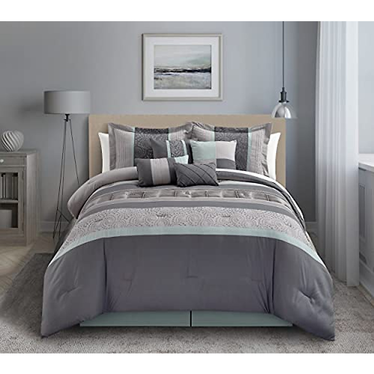 Chic Home 43CK117-AN 8-Piece Euphoria Embroidered Comforter Set, King, Dark Grey/Green