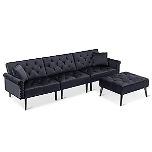ivinta Convertible Velvet Sofa Couch, Sectional Sofa with Ottoman, Mid-Century Upholstered Comfy Sofa Bed, Queen Sleeper Sofa for 4-Seater, Modular Sofa for Living Room (Black)