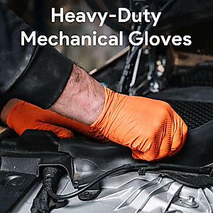 WECARE Orange 8 Mil Nitrile Gloves Large 50 Pack - Heavy Duty Mechanic Gloves, with Diamond Grip - Powder and Latex Free Disposable Gloves
