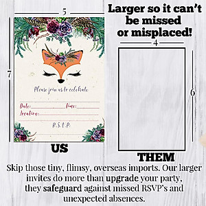 Woodland Forest Fox Face Floral With Greenery Birthday Party Invitations, 20 5x7 Fill In Cards with Twenty White Envelopes by AmandaCreation