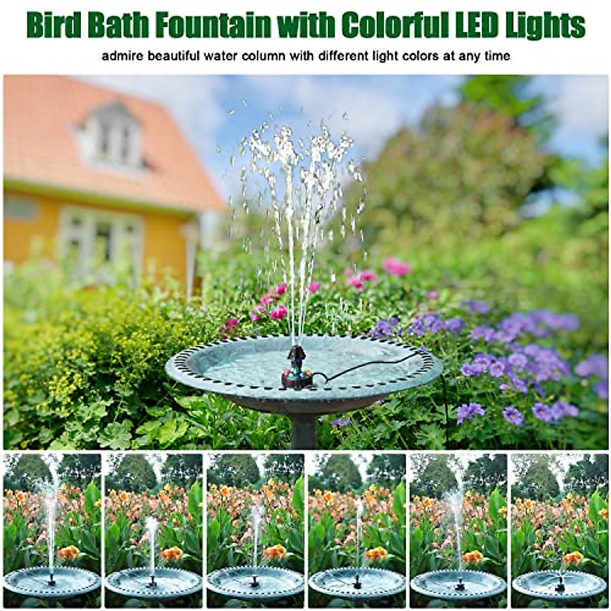 SZMP Bird Bath Fountains, Upgraded 24-Hours Working Bird Bath Fountain Pump with Lights & 7 Nozzle, 16.4Ft Power Cord & Adapter, Adjustable Water Pump for Garden, Pond, Fish Tank, Outdoor (Colorful)